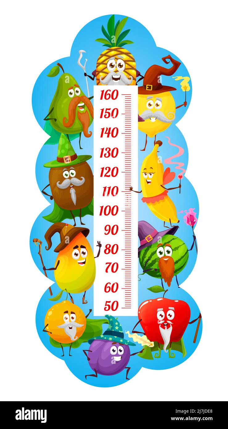 Kids height chart ruler, cartoon fruits magicians and wizards, vector ...