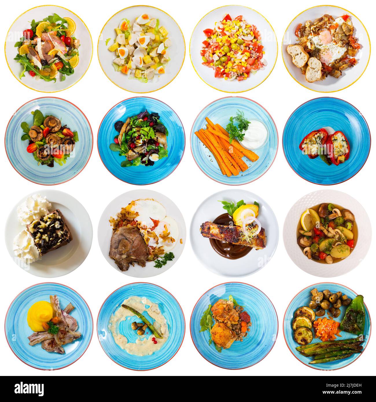 Collage of different dishes on round plates Stock Photo - Alamy