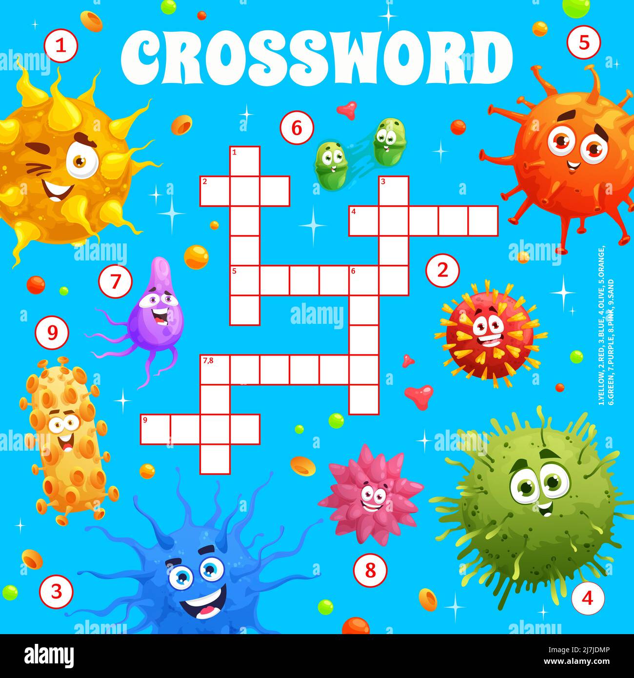 Cartoon germs and viruses on crossword grid worksheet. Find a word quiz ...