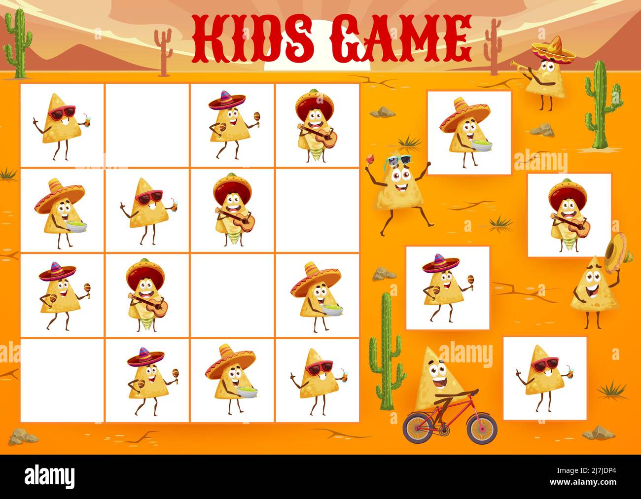 Sudoku kids game worksheet. Funny cartoon mexican nachos characters ...