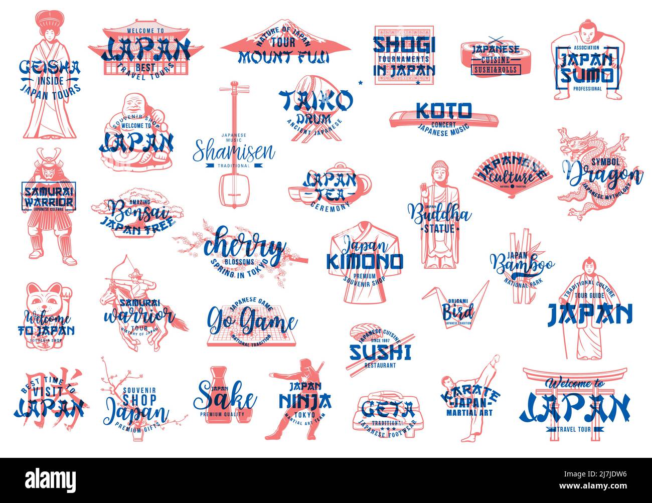 Japanese culture, religion icons and symbols. Geisha, Hotei god and ...