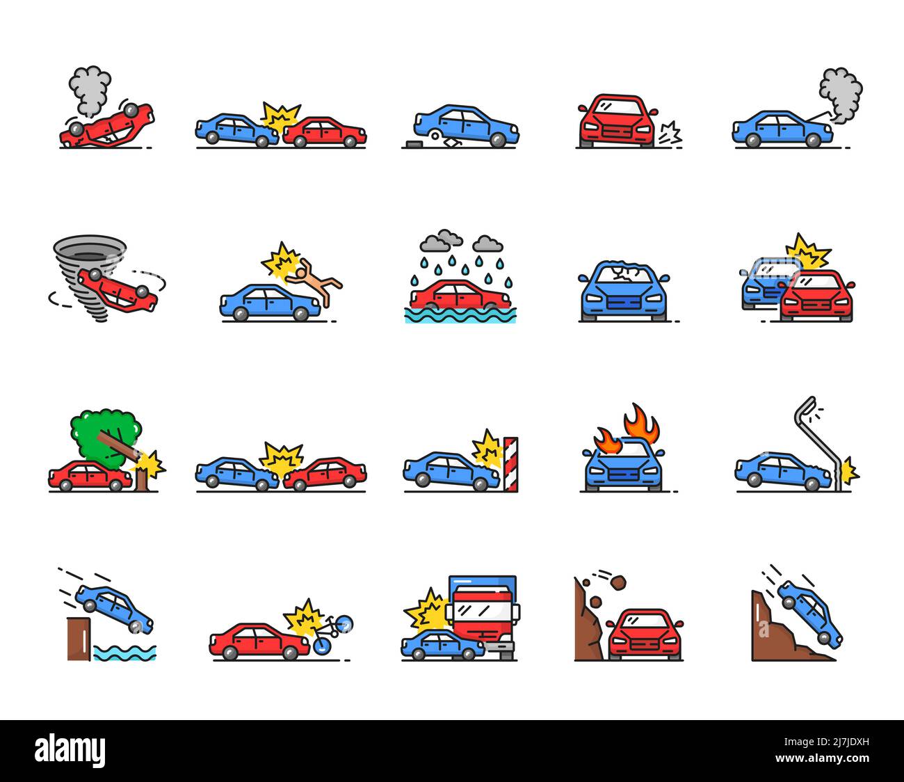 Car crash line icons of damage, collision, failure, obstacle and ...