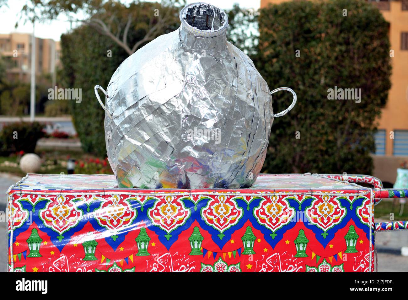 Cairo, Egypt, March 23 2022: Ramadan decorative fava beans cart with ...