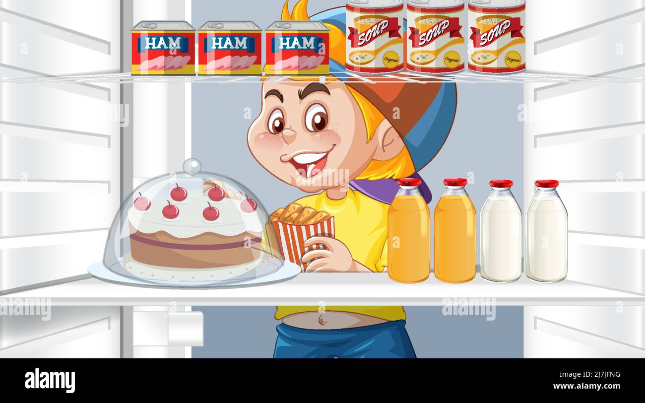 Boy grabbing some food in fridge illustration Stock Vector Image & Art ...