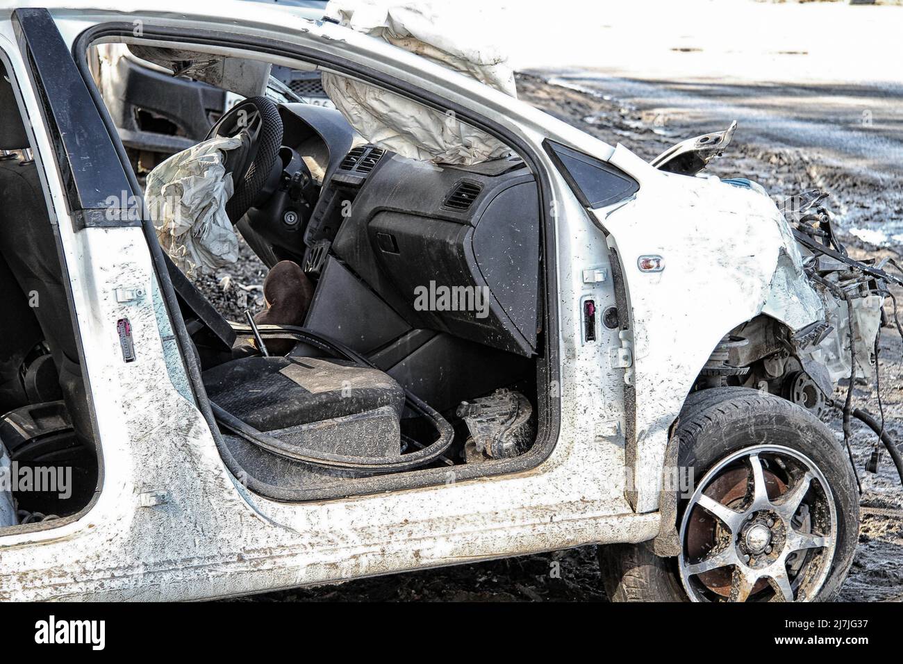 The car is broken. Car after an accident. Dump of broken vehicles. Road ...