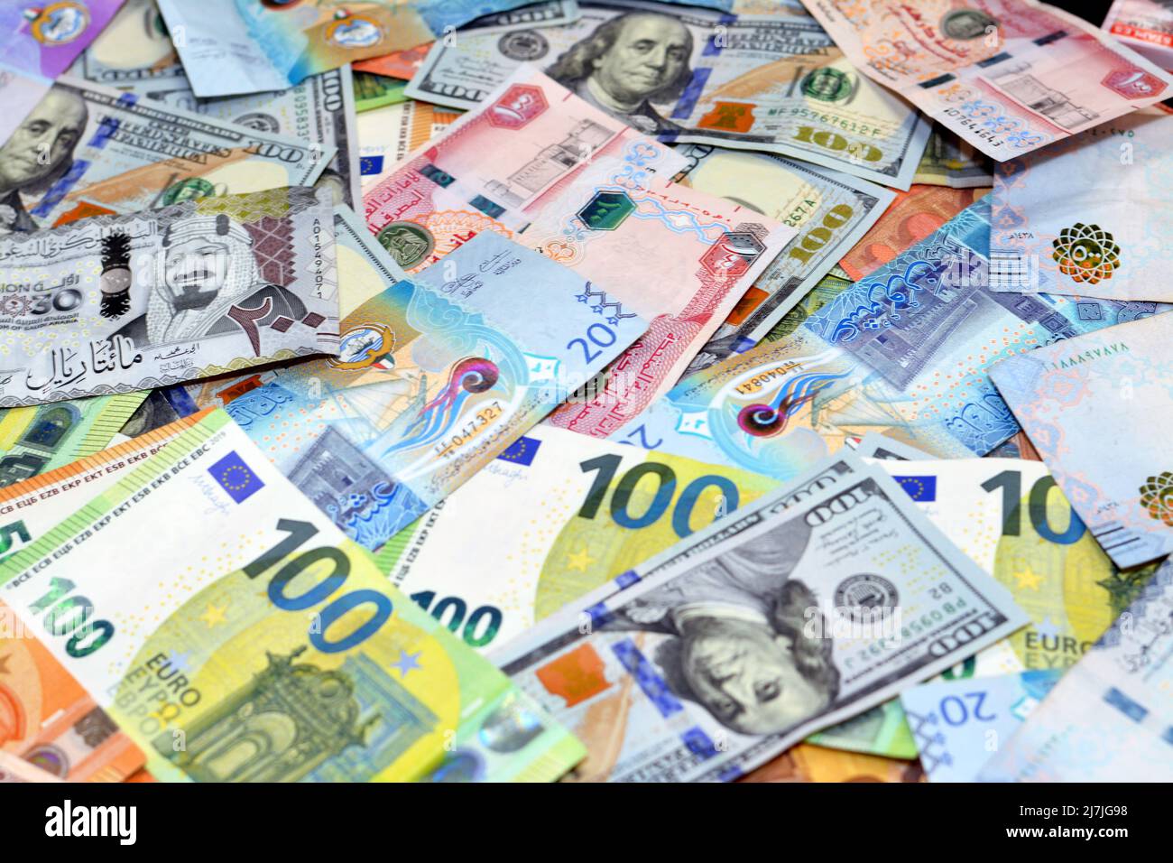 Selective focus of a background of gulf middle eastern money of Saudi ...