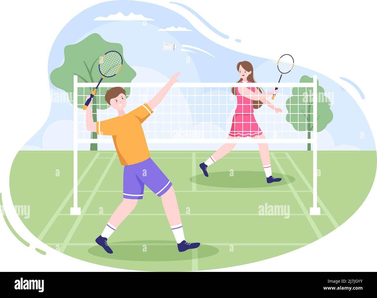 Badminton Player with Shuttle on Court in Flat Style Cartoon ...