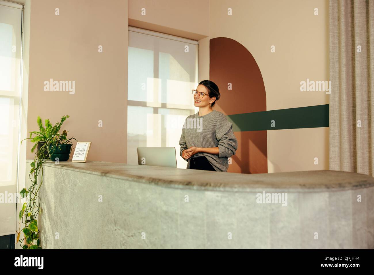Friendly receptionist welcoming a client in a modern office. Cheerful ...