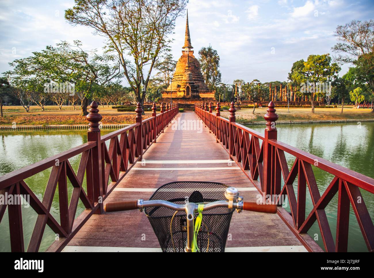 Bicycle in Wat Sra Sri or Wat Sa Si in Sukhothai historical park in ...