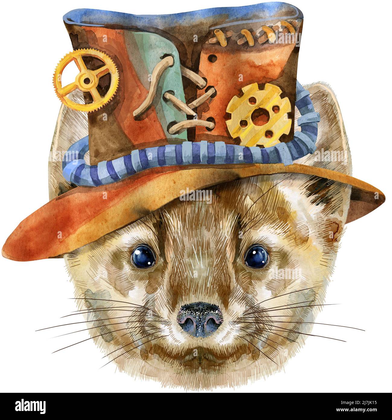 Small, funny, brown sable in steampunk hat on a white background ...