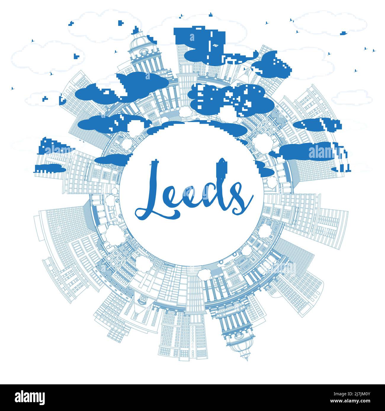 Outline Leeds UK City Skyline with Blue Buildings and Copy Space ...