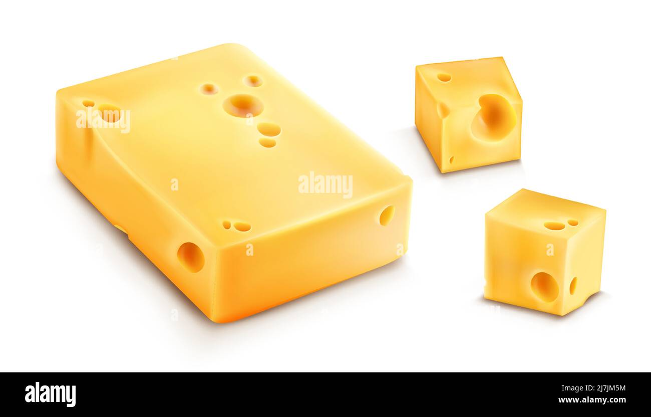 Cheese 3d realistic vector illustration. Rectangular block, cube or ...