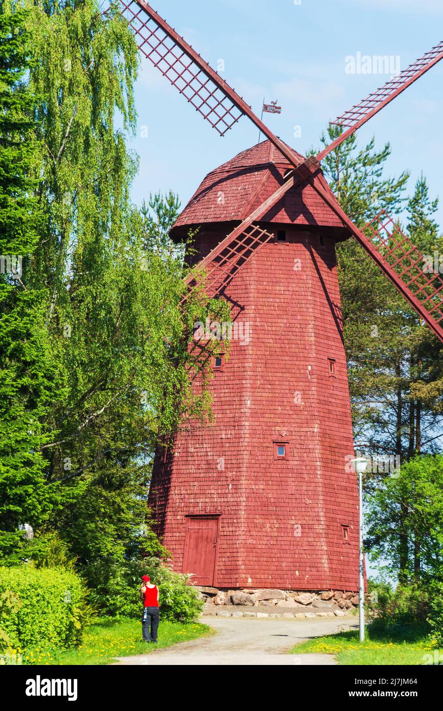 Red painted shingle covered old windmill in Lepaa Finland Stock Photo ...