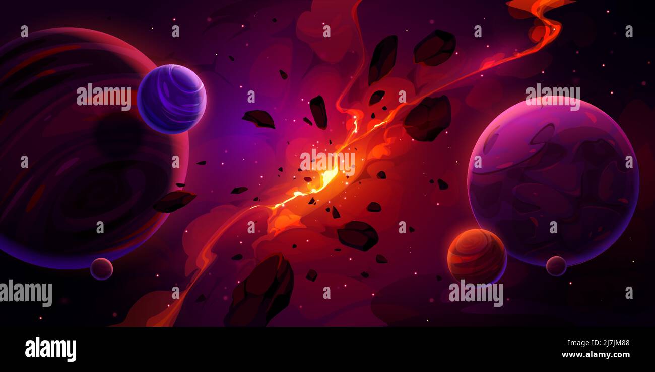 Galaxy, outer space background with planets and explosion with fire ...