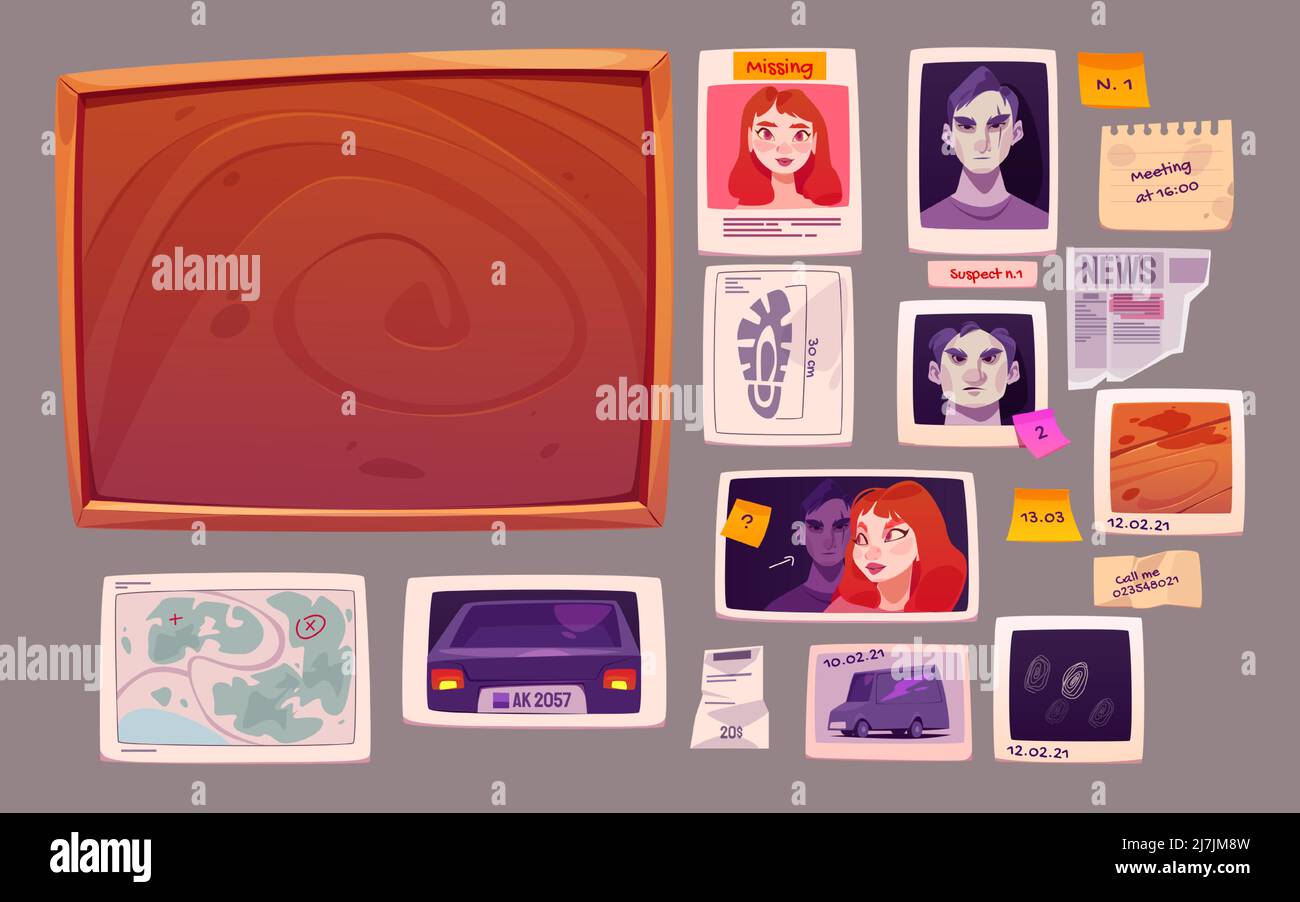 Detective board with evidences of crime. Police investigation plan ...