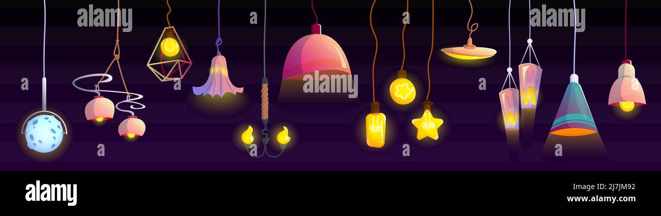 Electric ceiling lamps and light bulbs with different shades. Vector ...