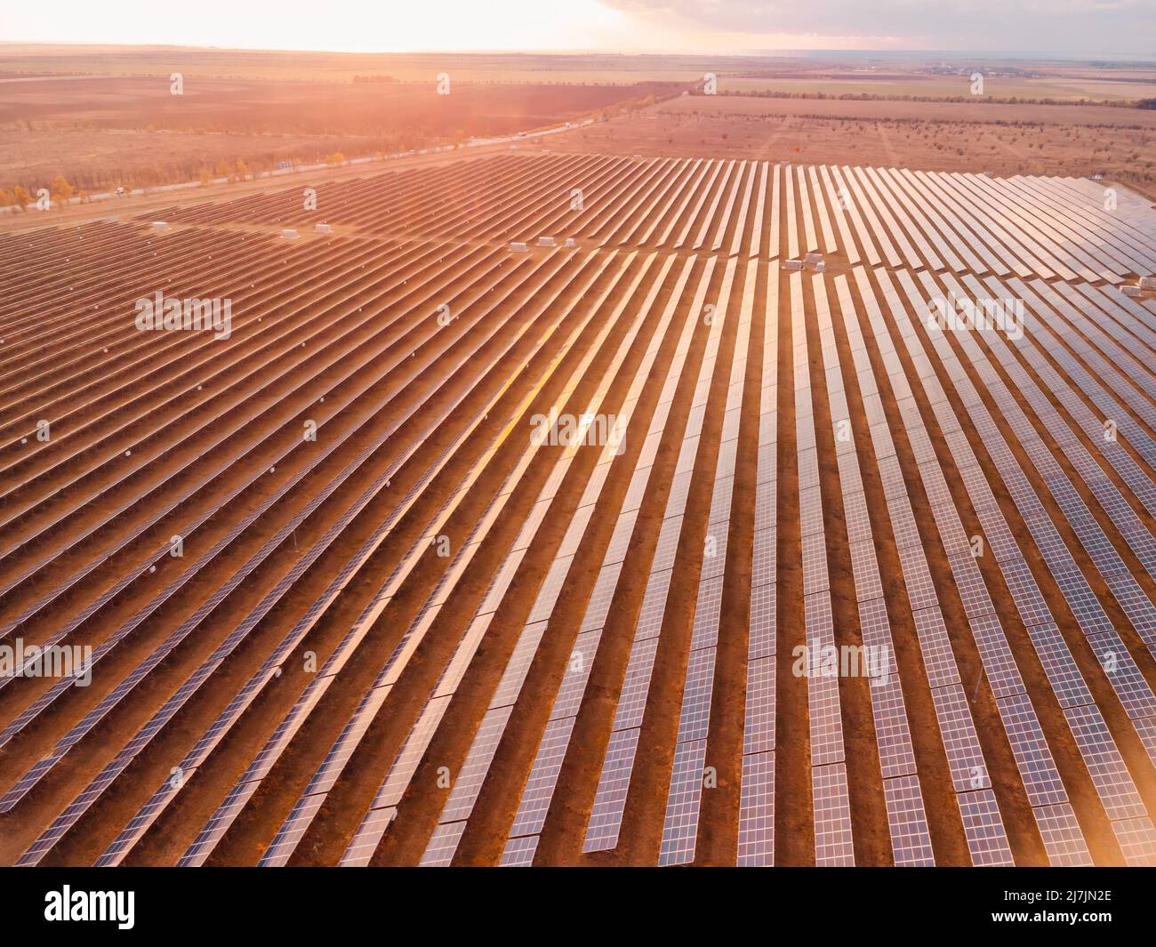 Aerial top view of a solar panels power plant. Photovoltaic solar ...