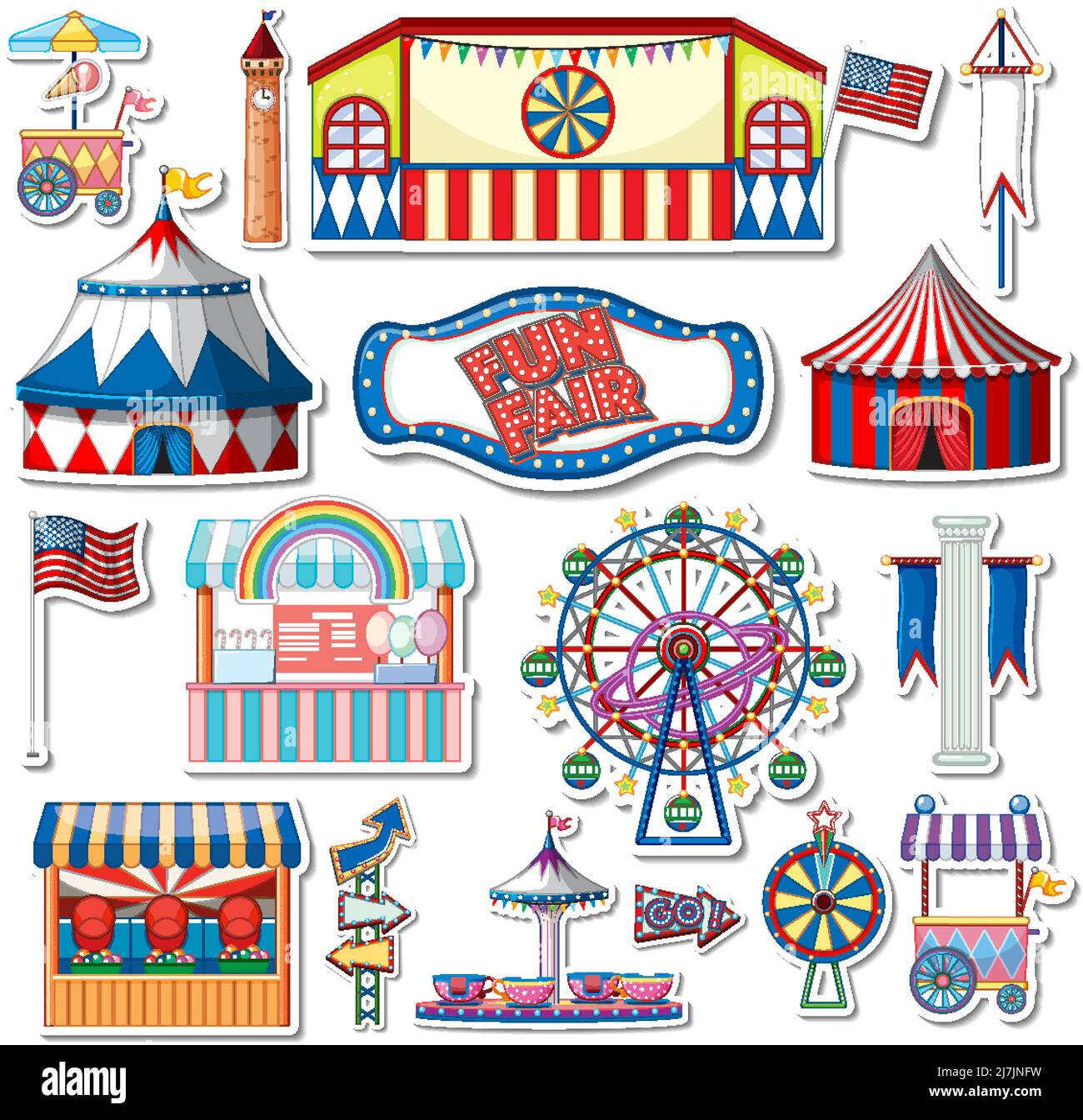 Sticker set of amusement park objects and cartoon characters ...