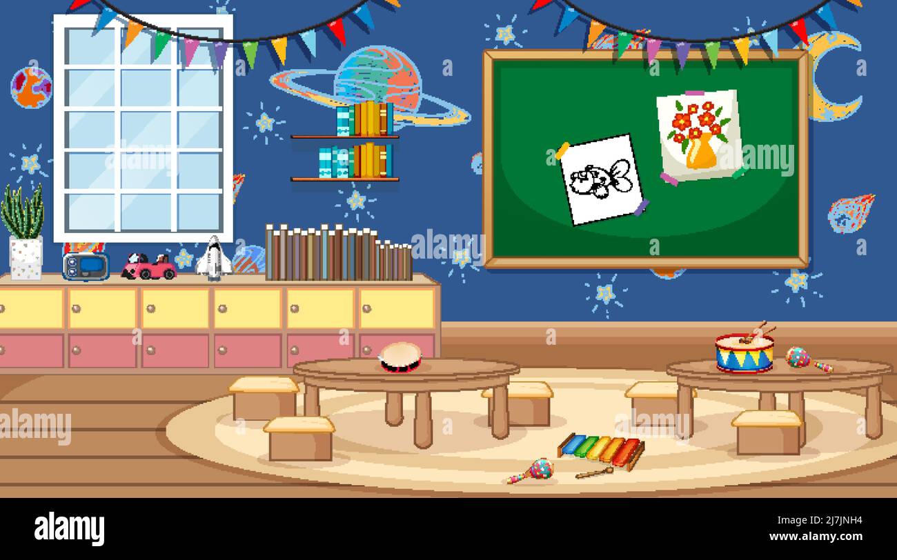 Scene of classroom with tables and board illustration Stock Vector ...