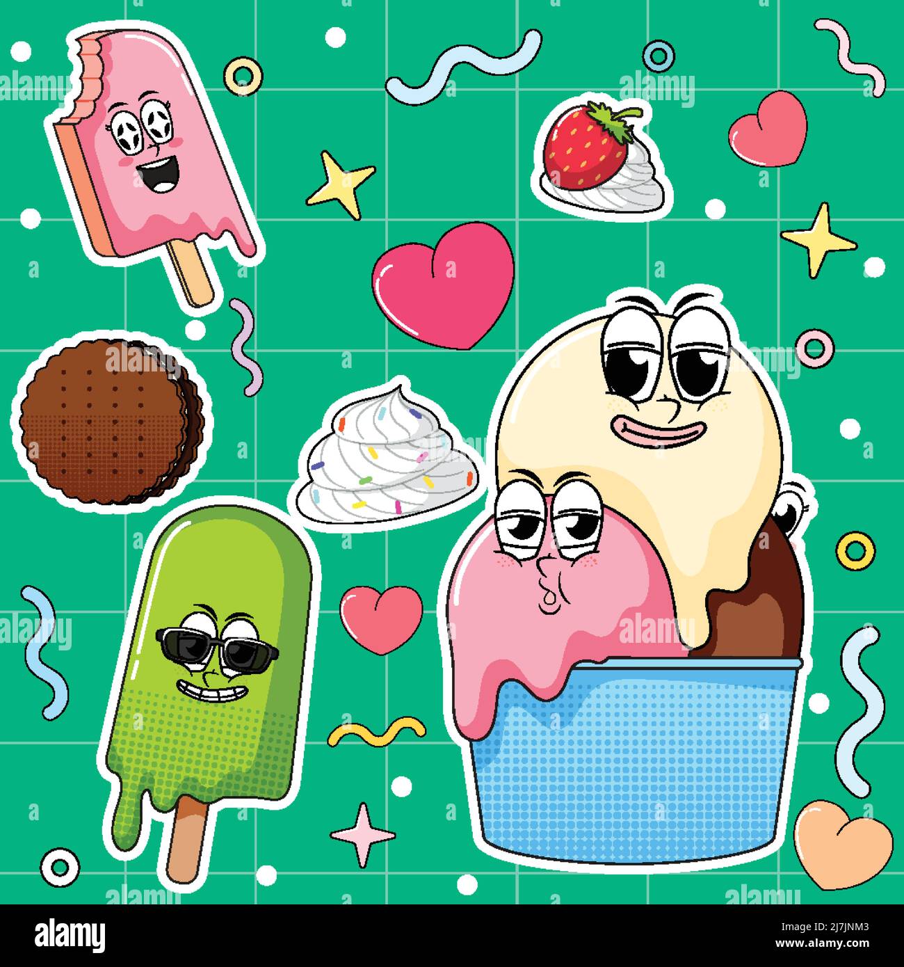 Set of funny food and dessert characters illustration Stock Vector ...