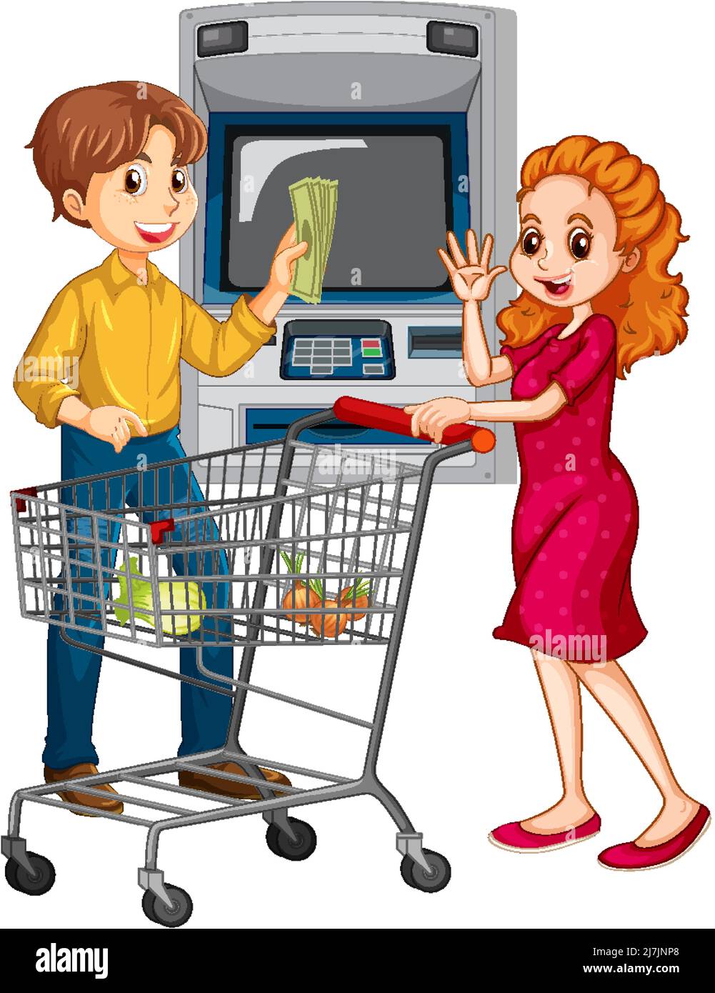 A man withdraw money from atm machine and his wife illustration Stock ...