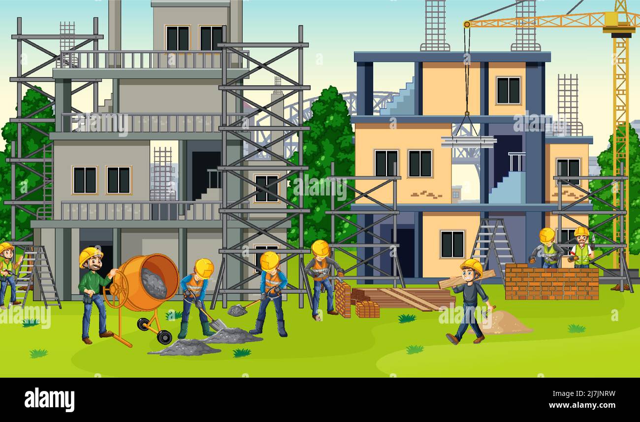 House construction site with workers illustration Stock Vector Image ...