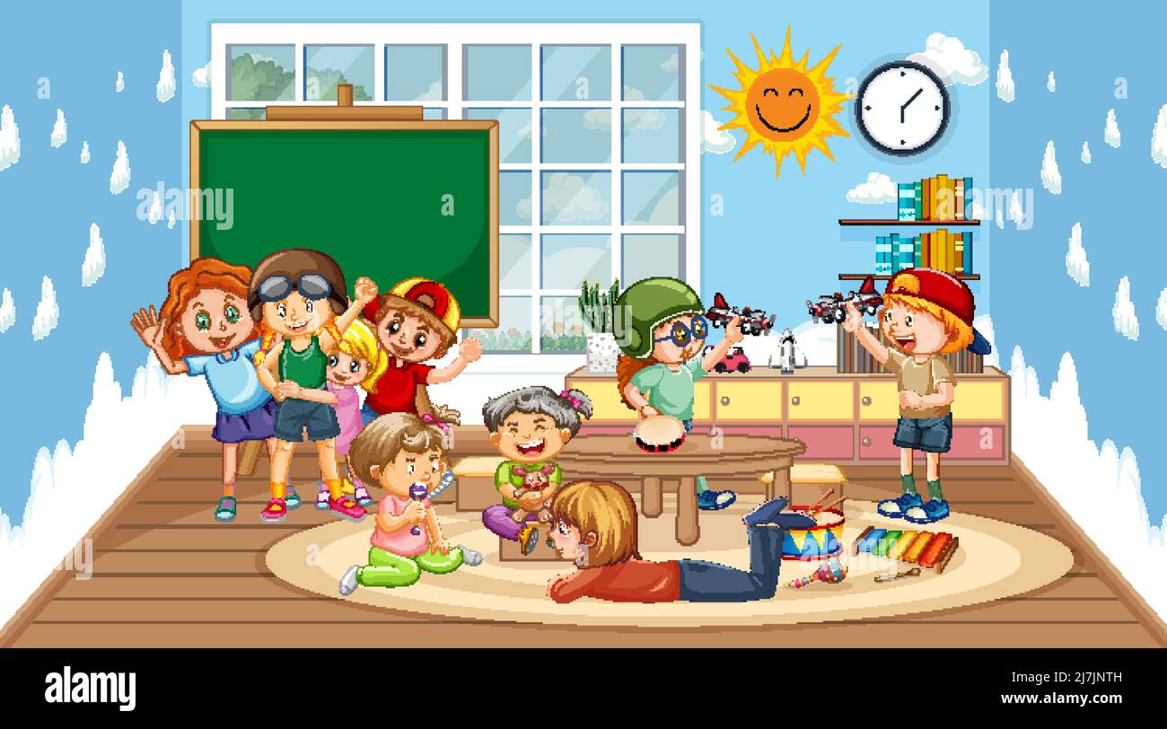 Scene of classroom with many children playing illustration Stock Vector ...
