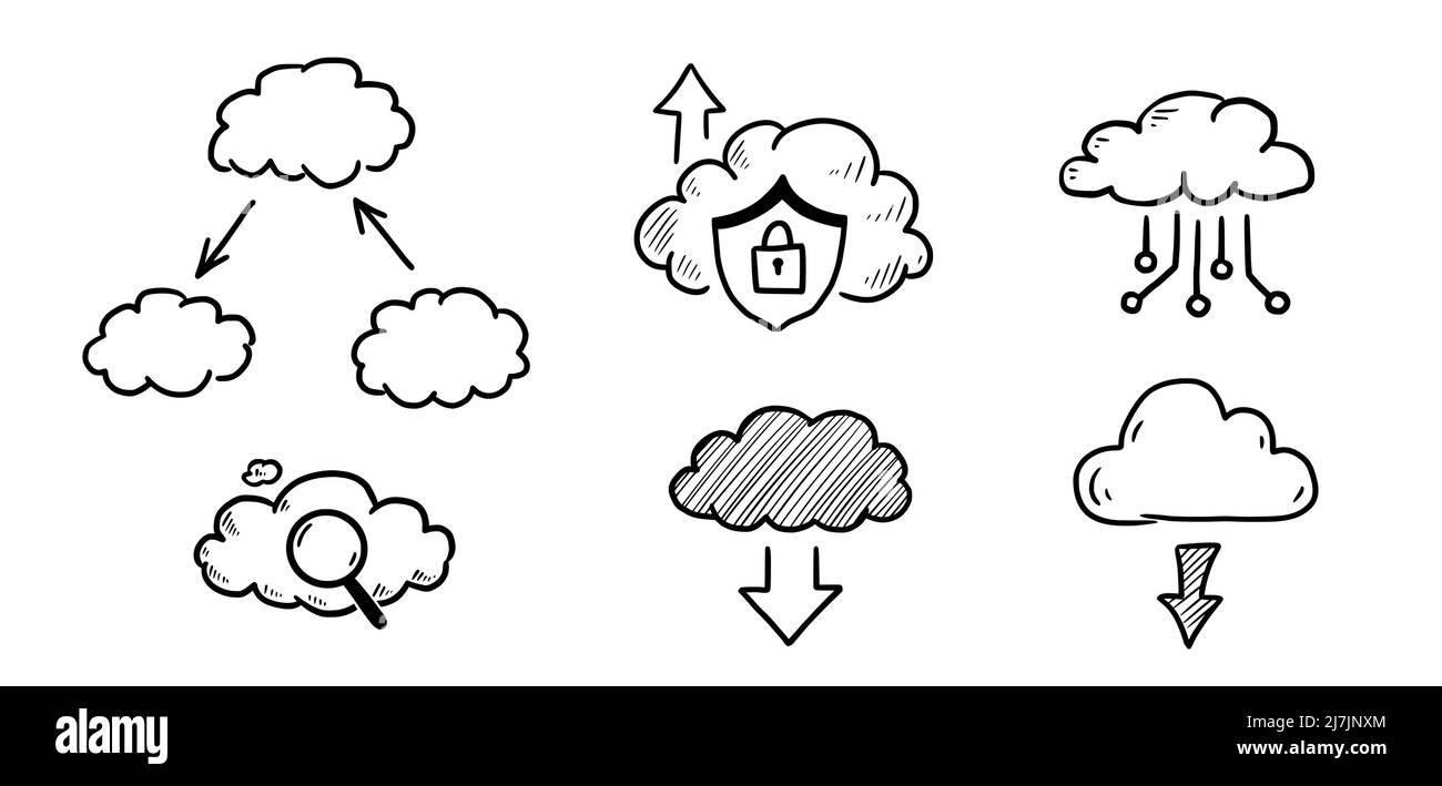 Doodle data server cloud set. Hand drawn sketch style cloud, arrow for internet database ...