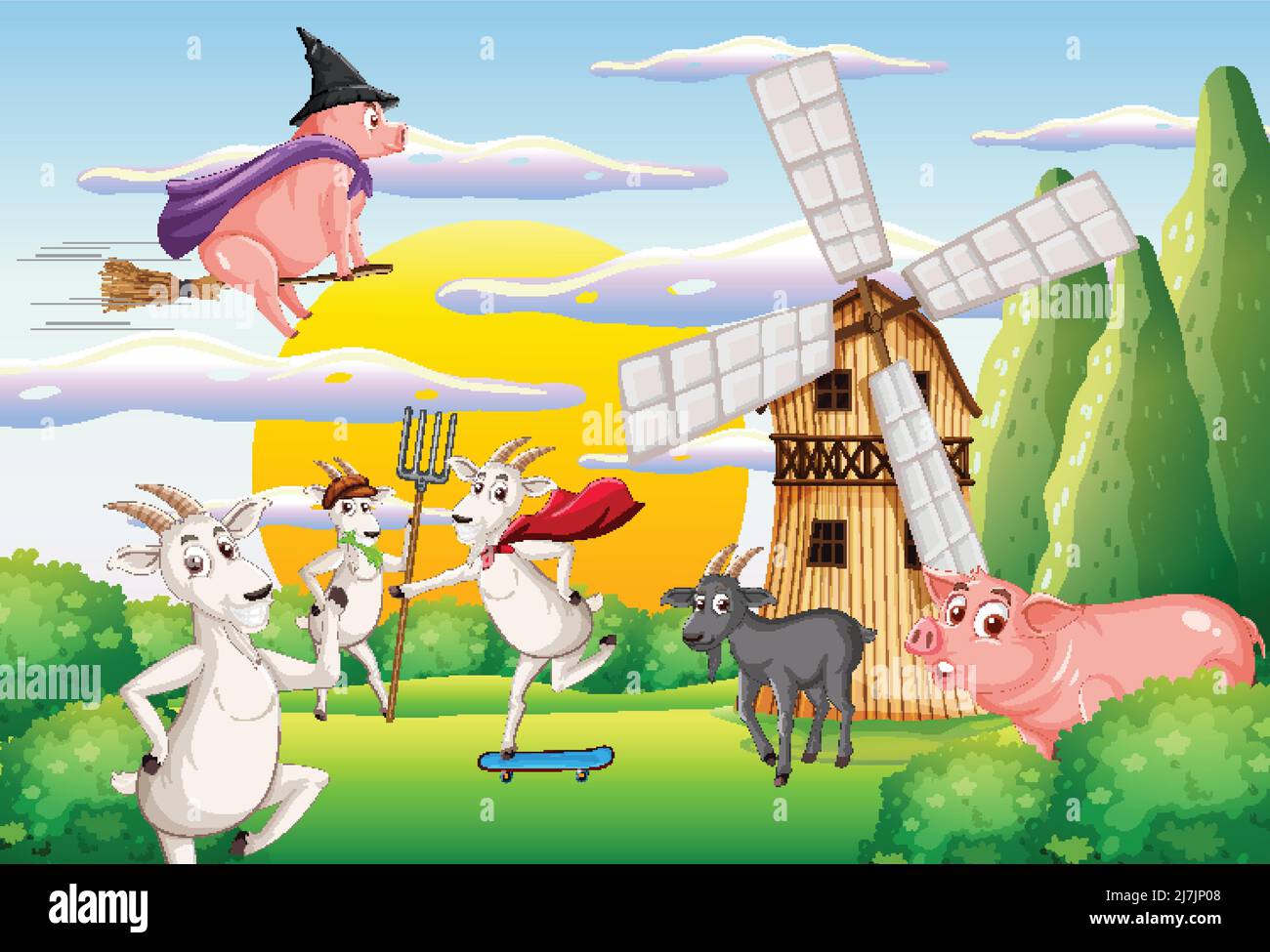Farm background with happy animals illustration Stock Vector Image ...