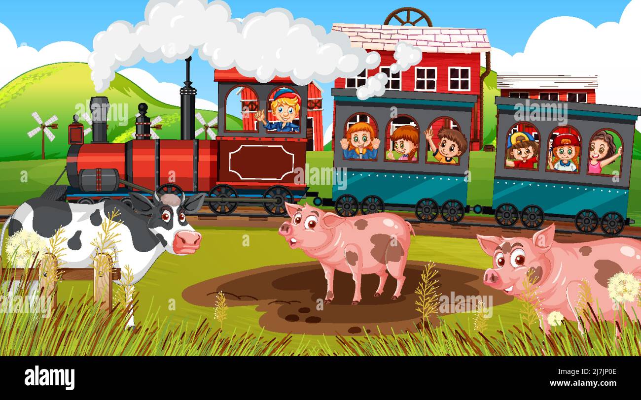 Farm scene with kids on the train illustration Stock Vector Image & Art ...