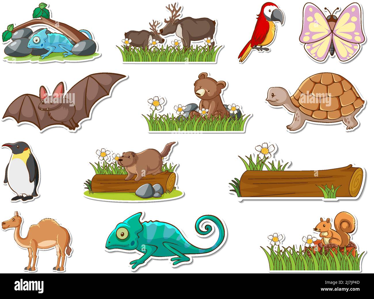 Sticker set of cartoon wild animals illustration Stock Vector Image ...