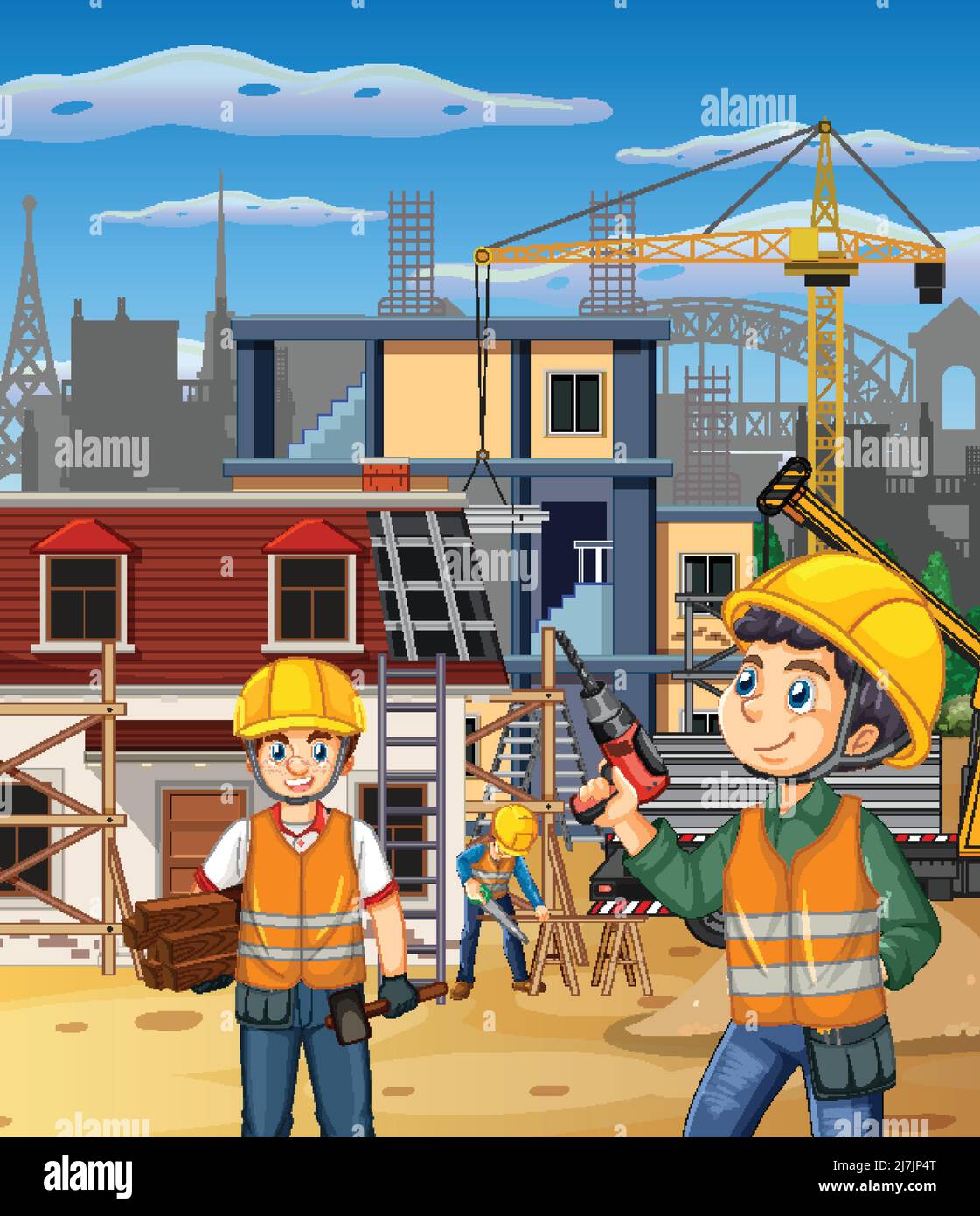 Building construction site with workers illustration Stock Vector Image ...