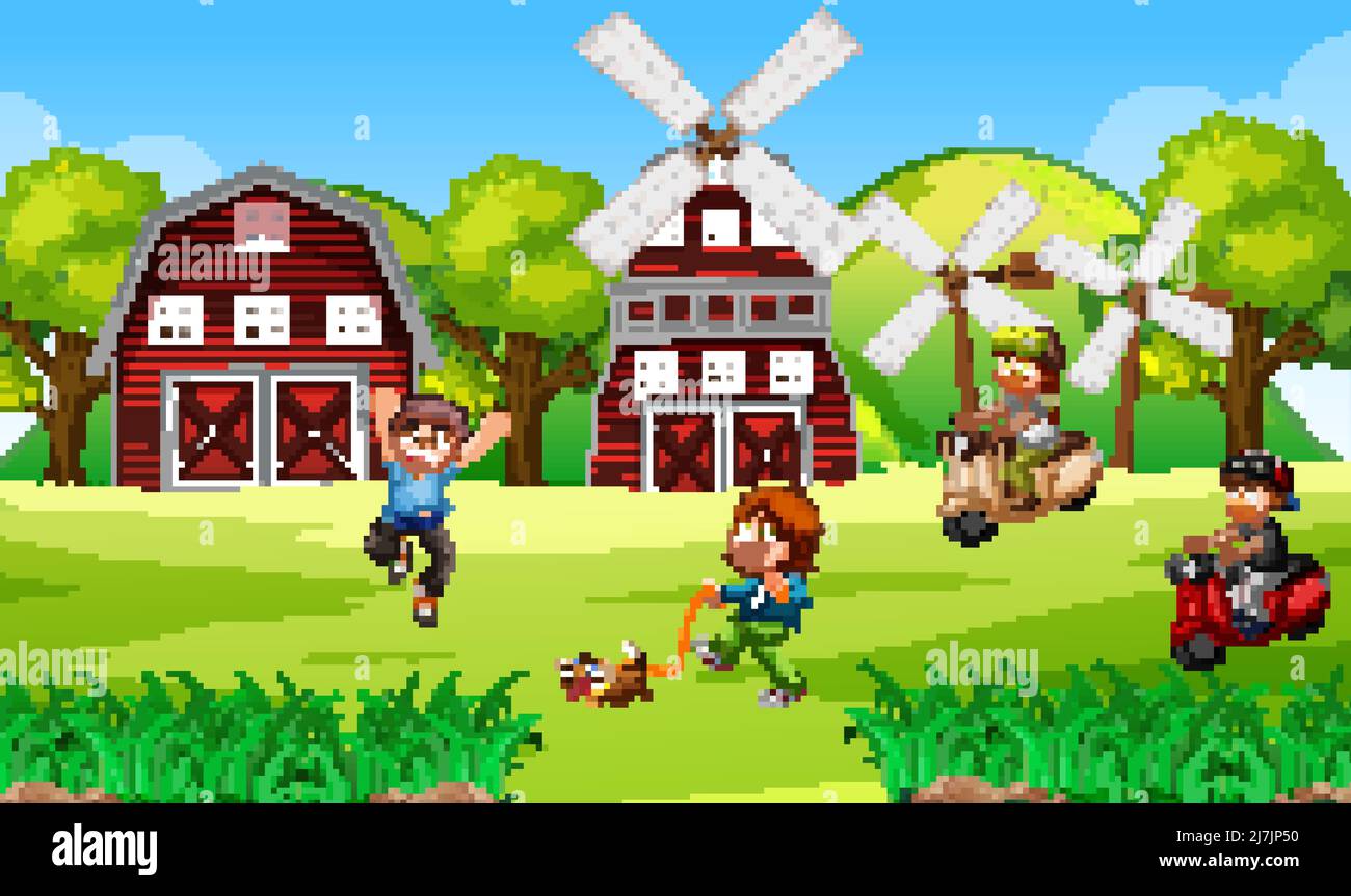 Happy kids in farm landscape illustration Stock Vector Image & Art - Alamy