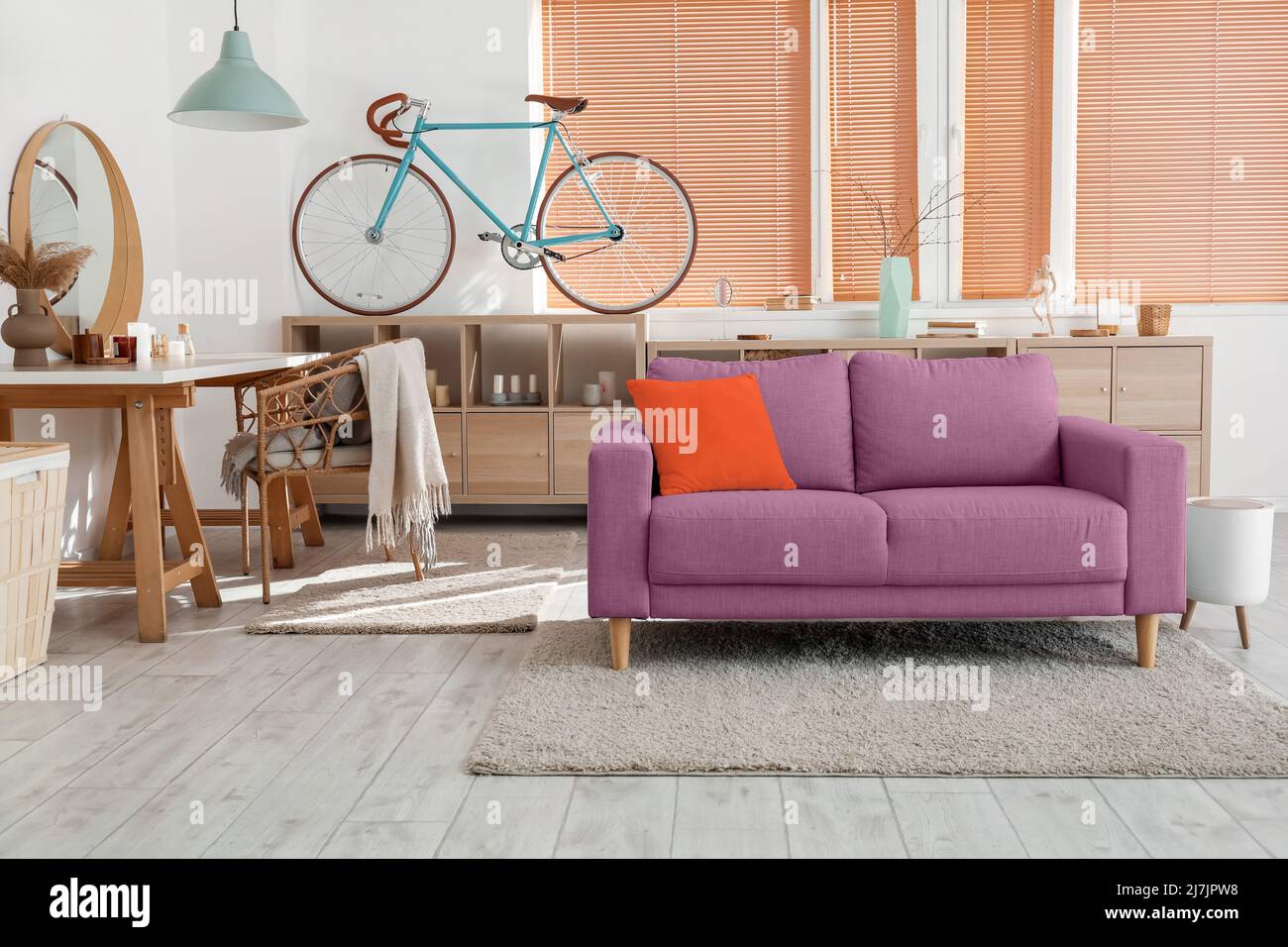 Interior of modern living room with sofa, bicycle and table Stock Photo ...