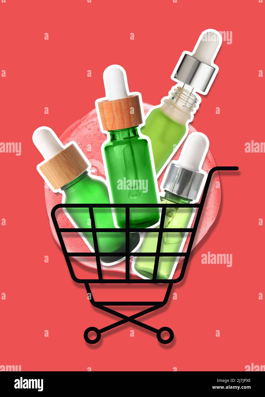 Collage with shopping cart and cosmetic products on red background ...