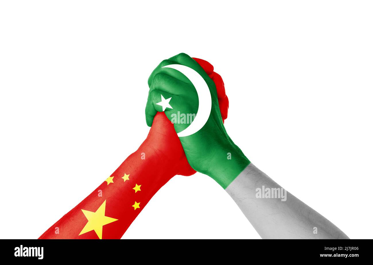 People holding hands in colors of Chinese and Pakistani flags on white ...