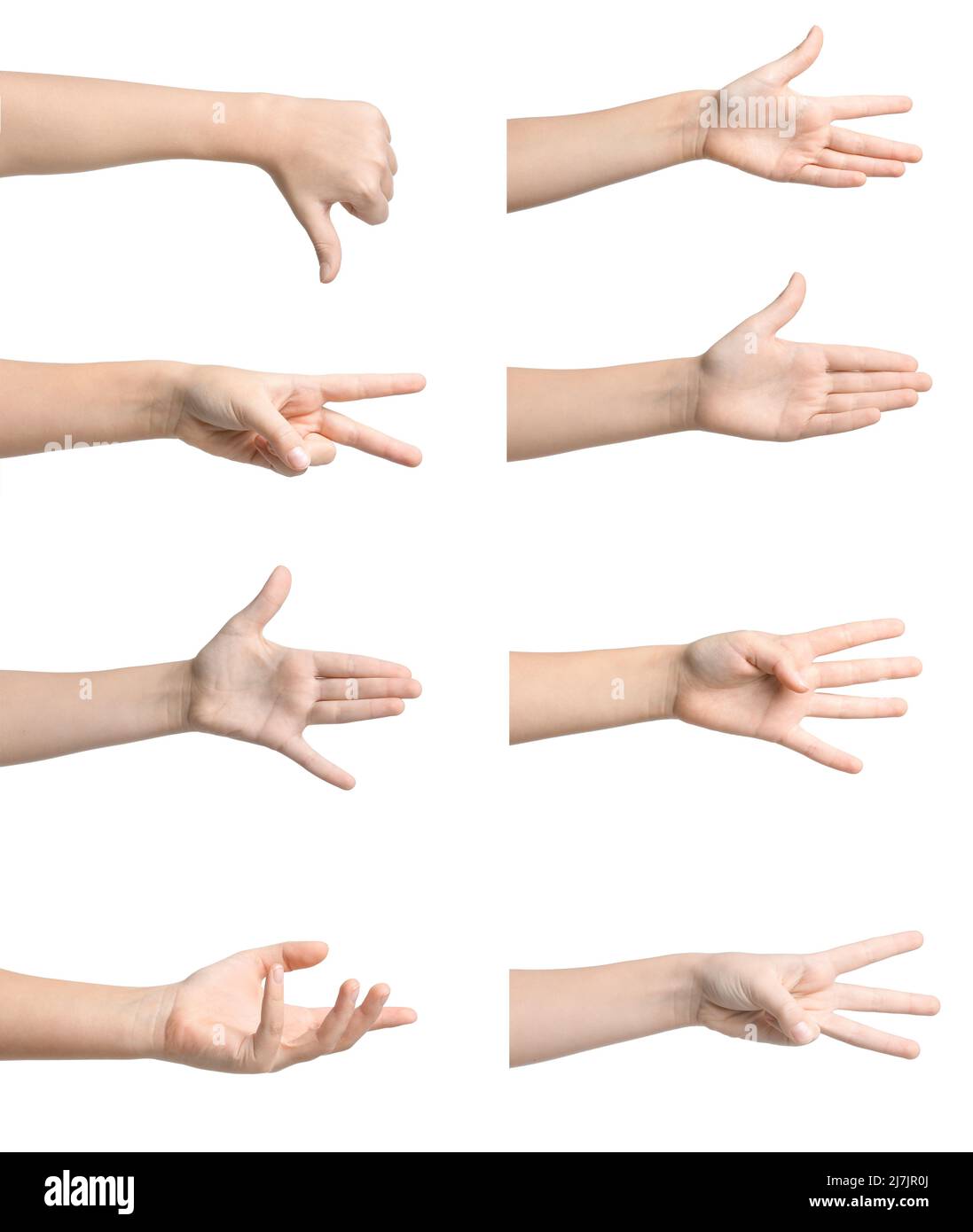 Set of many children's hands showing different gestures on white ...