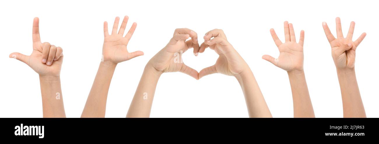 Set of many children's hands showing different gestures on white ...