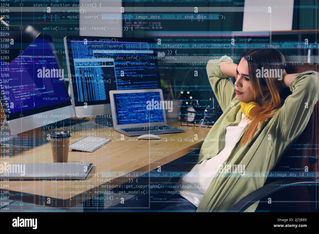 Double exposure of transgender programmer at workplace and computer code Stock Photo - Alamy