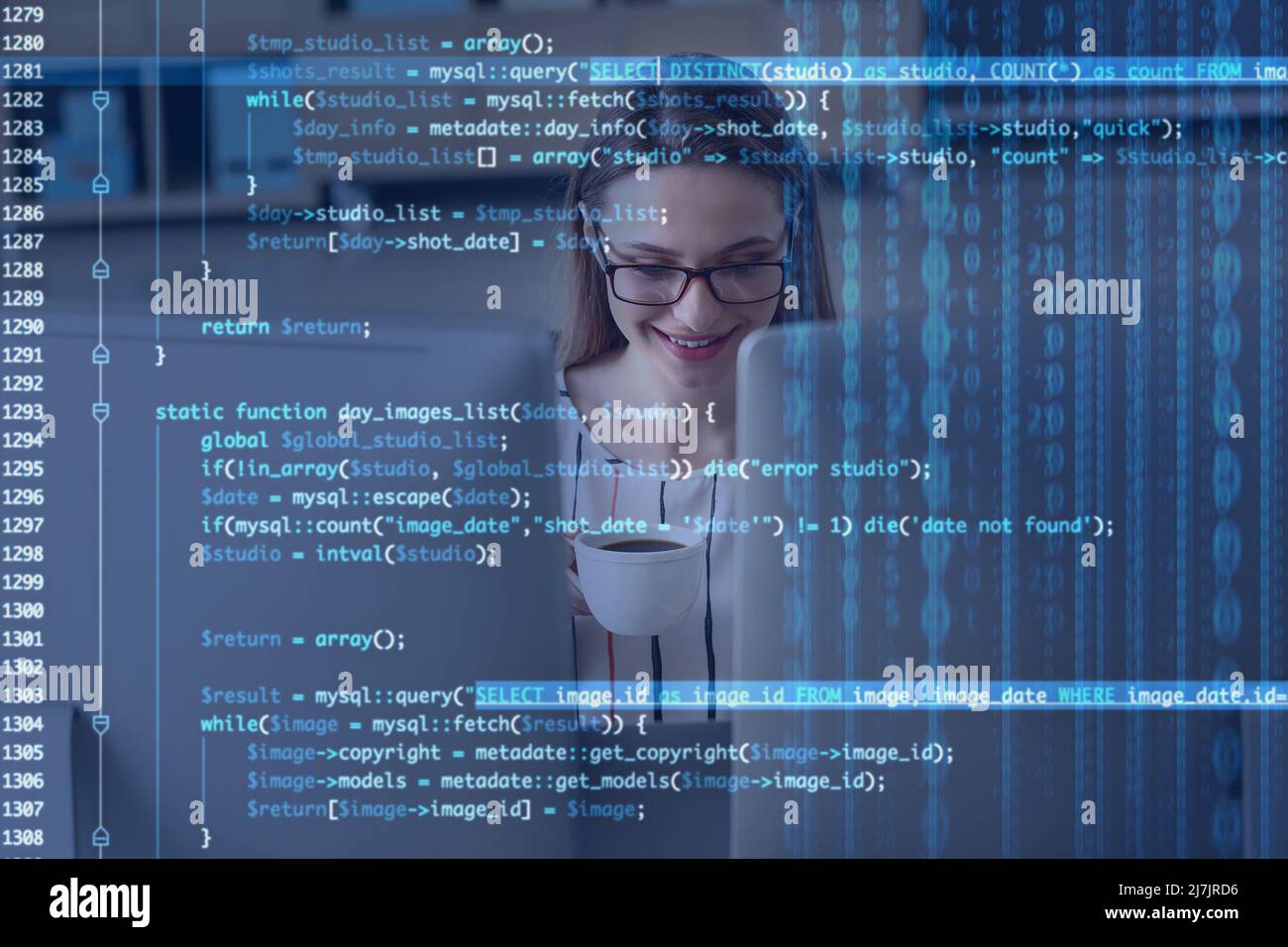 Double exposure of female programmer at workplace and computer code Stock Photo - Alamy