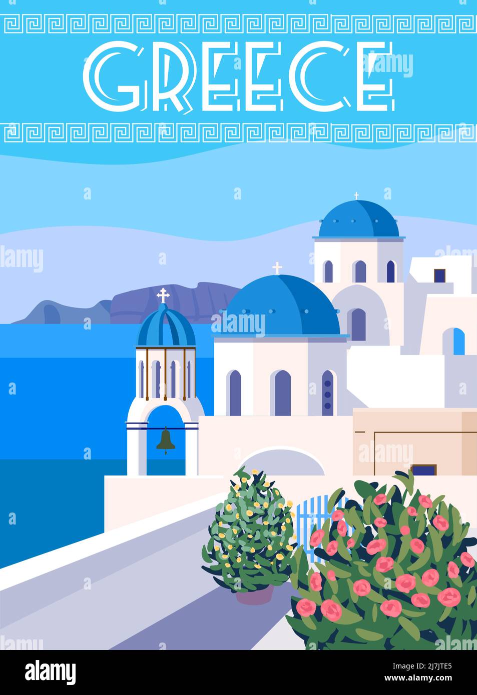 Greece Poster Travel, Greek white buildings with blue roofs, church ...
