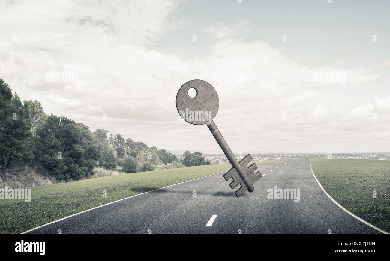 Conceptual background image of concrete key sign on asphalt road Stock ...