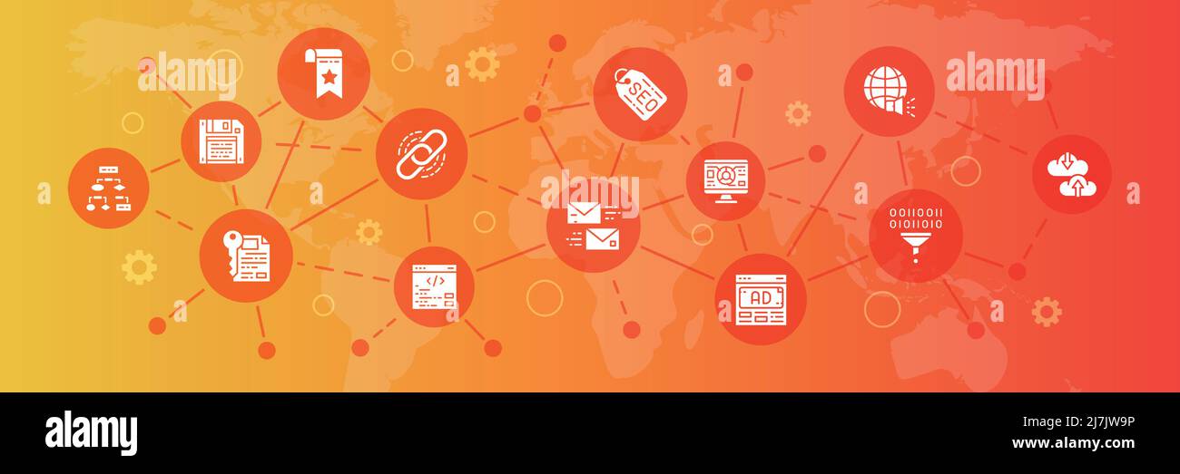SEO icons infographic banner. Bookmark, Hosting, Hyperlink ...