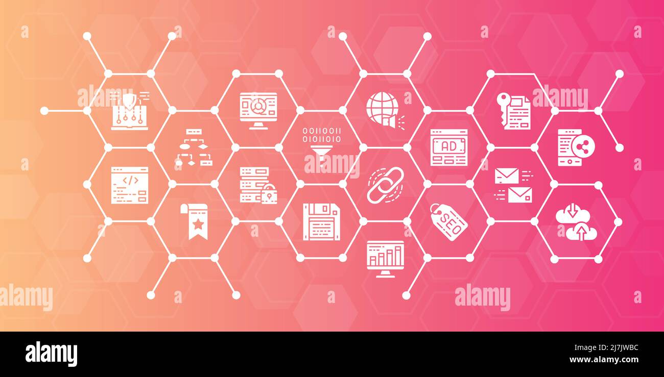 SEO business icons banner concept. Bookmark, Hosting, Hyperlink ...