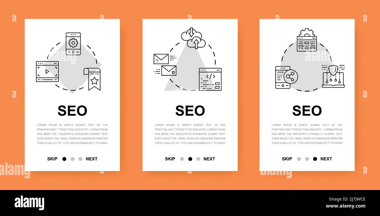 SEO mobile app screens. Bookmark, Hosting, Hyperlink, Advertisement ...