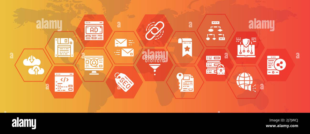 SEO icons banner. Bookmark, Hosting, Hyperlink, Advertisement, Data ...