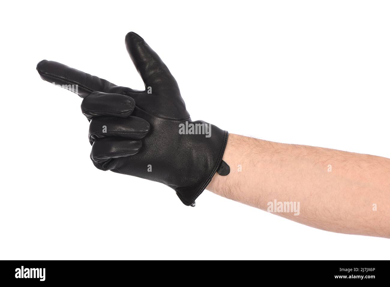 Man wearing black leather glove on white background, closeup. Side view ...