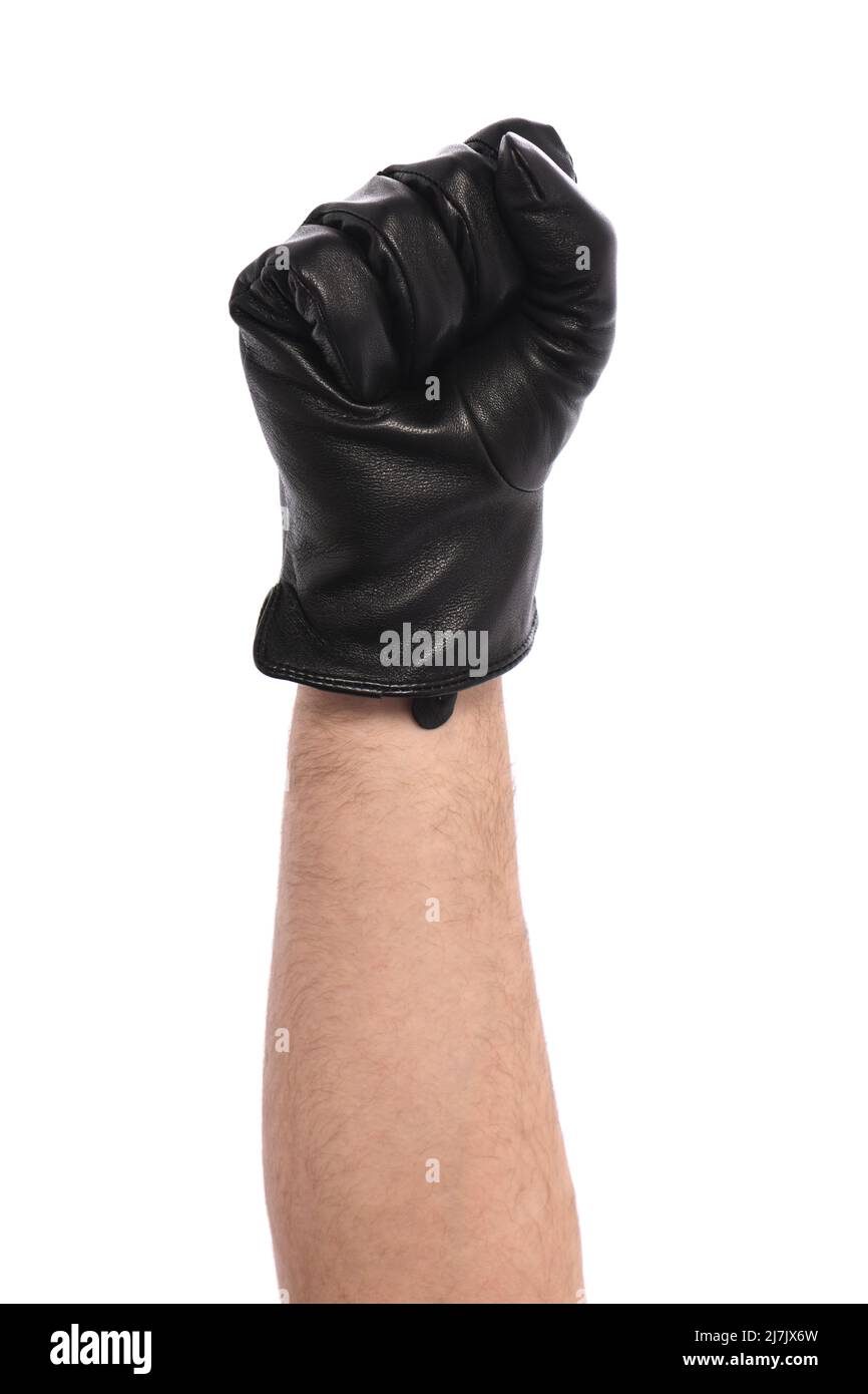 Man wearing black leather glove on white background, closeup. Side view ...