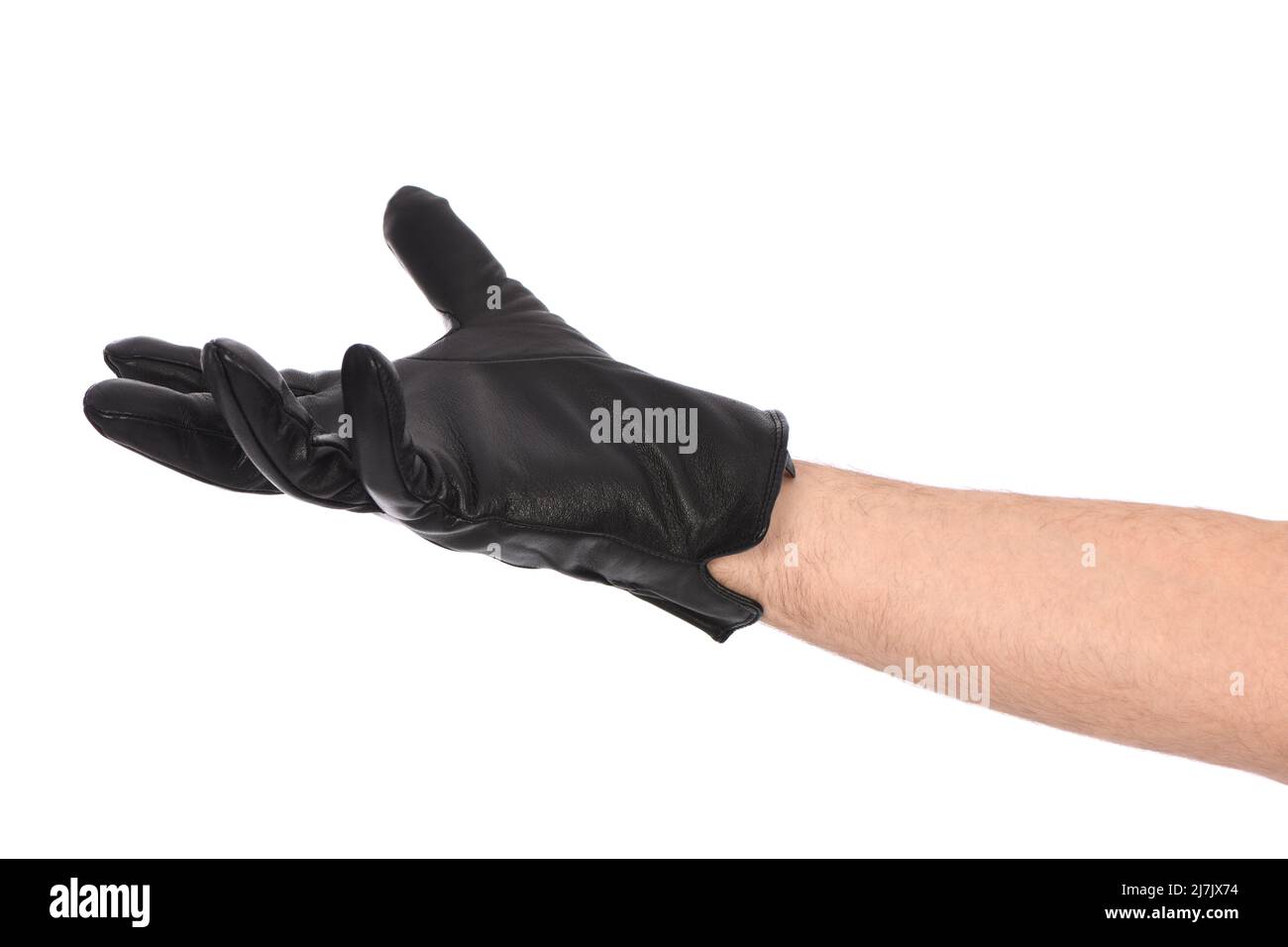 Man wearing black leather glove on white background, closeup. Side view ...