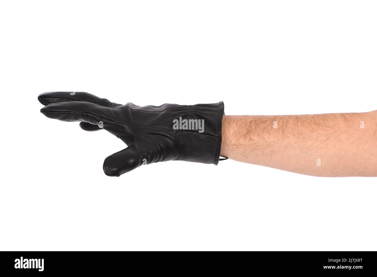 Man wearing black leather glove on white background, closeup. Side view ...